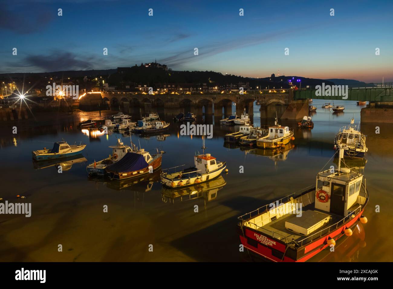 England, Kent, Folkestone, Night View of Folkestone Harbour at Low Tide ...