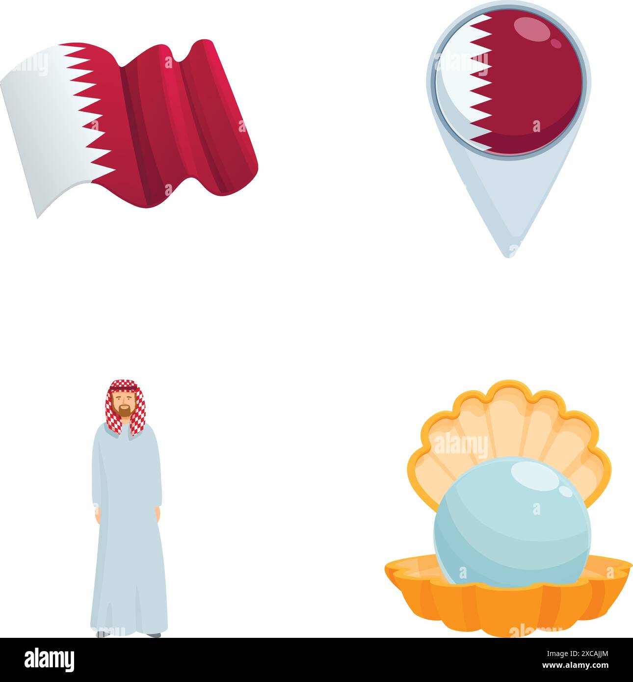 Collection of qatari cultural icons, including the flag, map pin ...