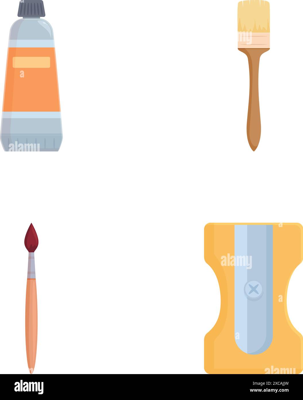 Collection of art supplies icons featuring a paint tube, brushes, and ...