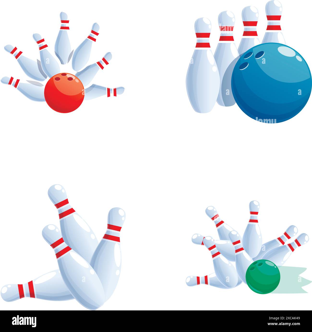 Set of colorful cartoon bowling scenes with strikes and spares isolated ...