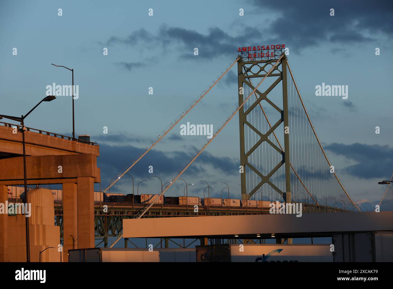 The Ambassador Bridge at twilight. The Ambassador Bridge connects ...