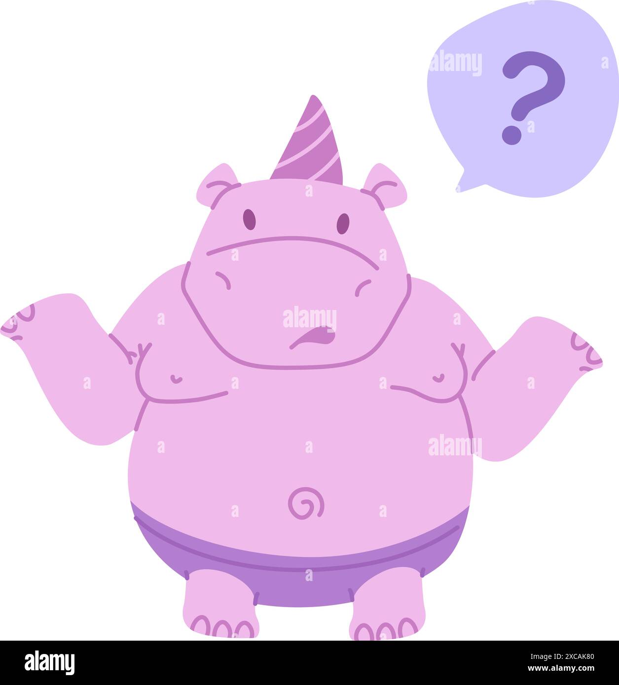 Cute cartoon hippo in a party hat looking confused with a question mark ...