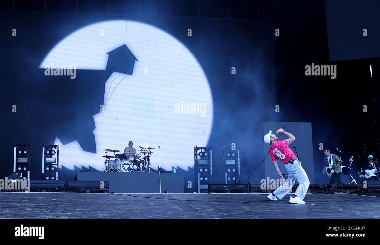 Leicestershire, UK. Saturday June 15, 2024. Enter Shikari vocalist Rou ...