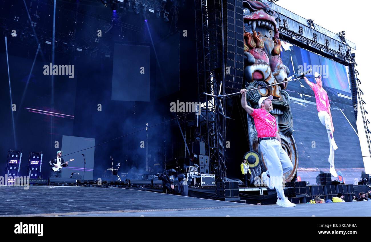 Leicestershire, UK. Saturday June 15, 2024. Enter Shikari vocalist Rou ...