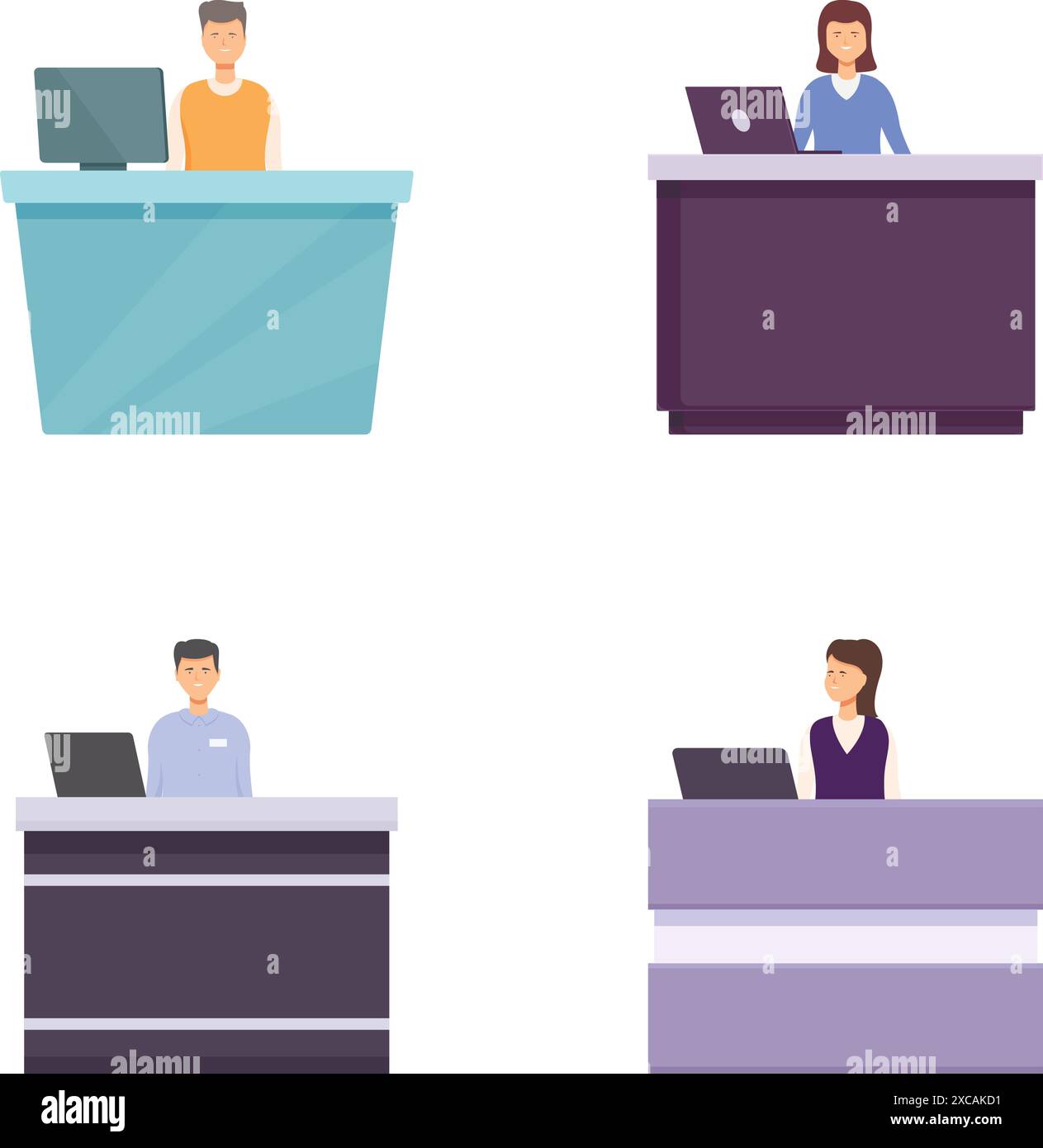Four illustrations showing diverse customer service agents working at computer desks Stock ...