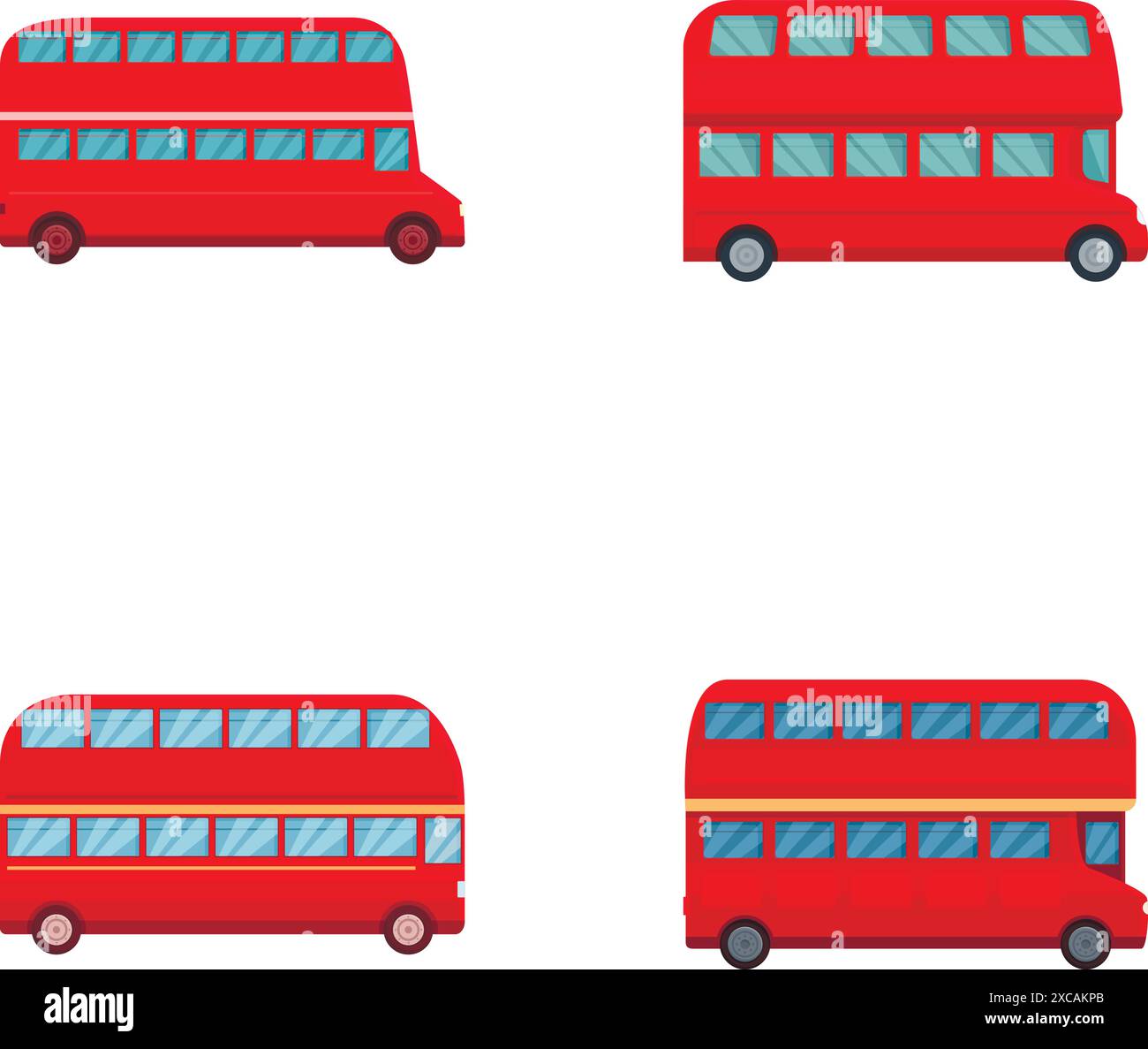Collection of colorful, stylized cartoon double decker buses isolated on white background Stock ...