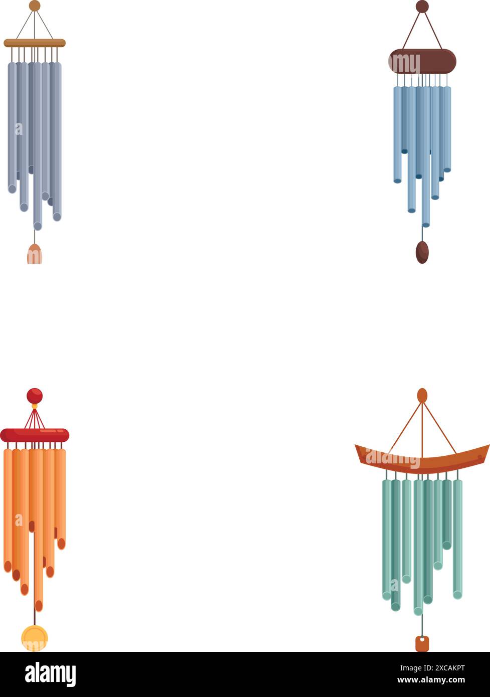 Collection of four illustrated wind chimes in various colors and ...