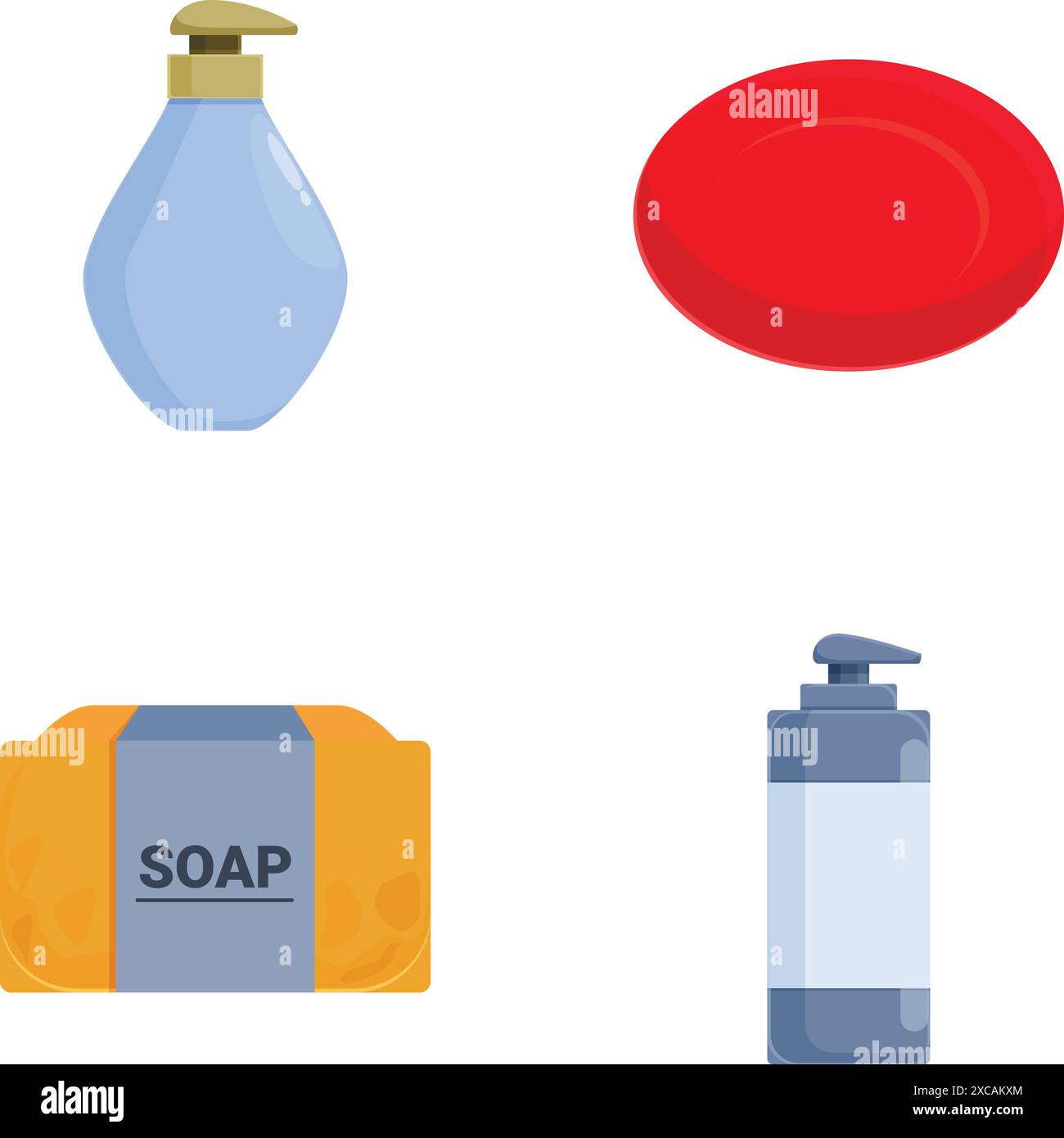 Vector illustration of soap dispenser, bar soap, and bath products in a ...
