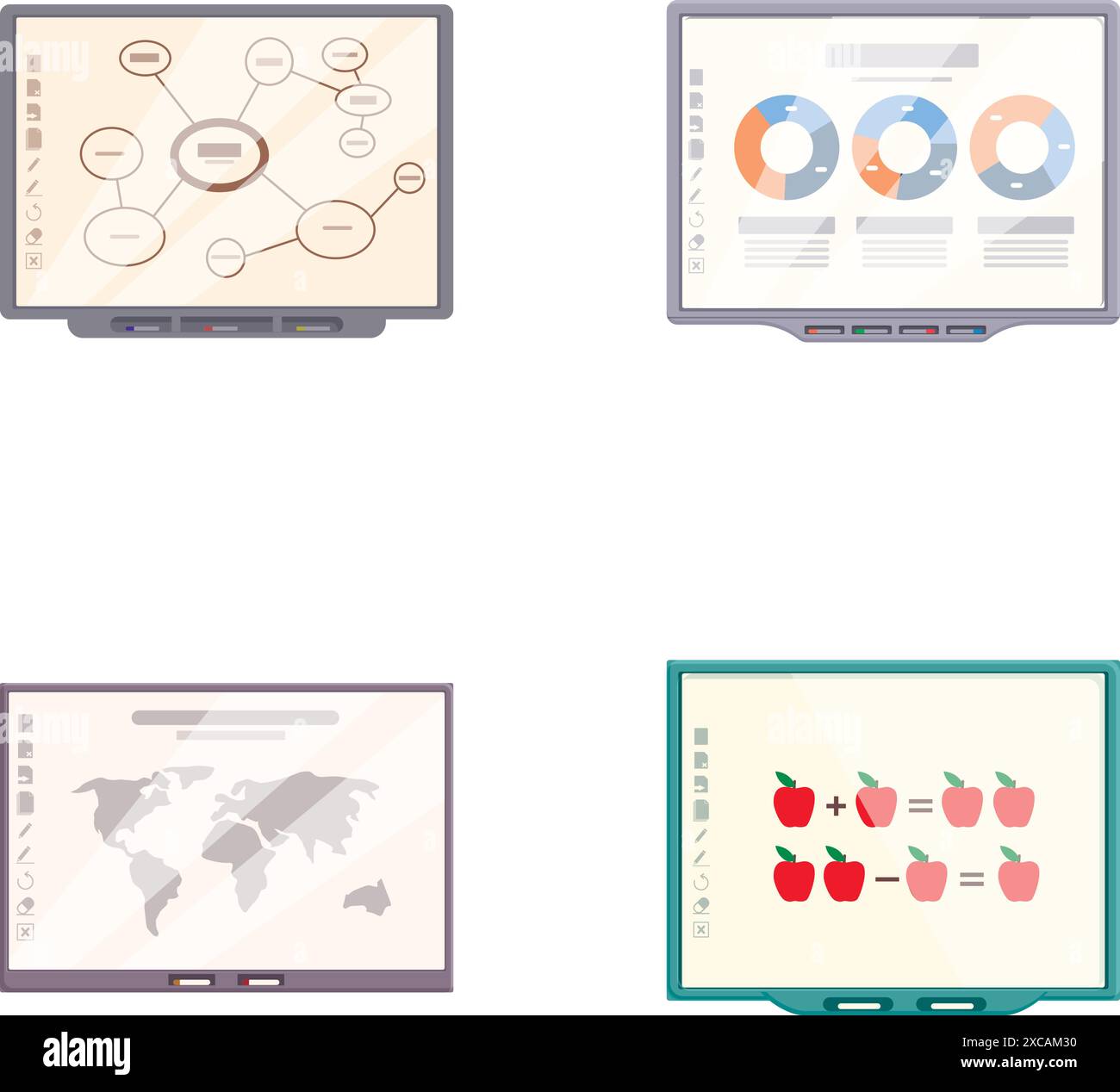 Illustration Of Four Computer Monitors Displaying Various Infographic Designs Including Charts