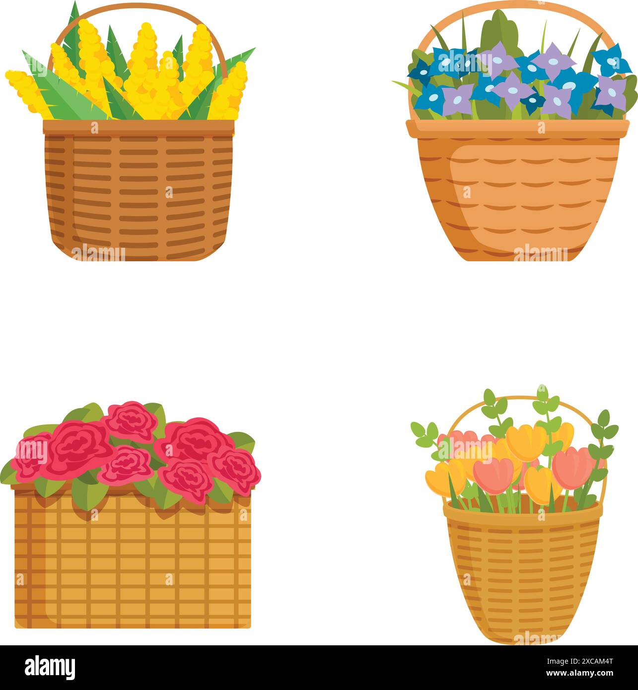 Collection of four colorful flower baskets, ideal for spring themes and ...