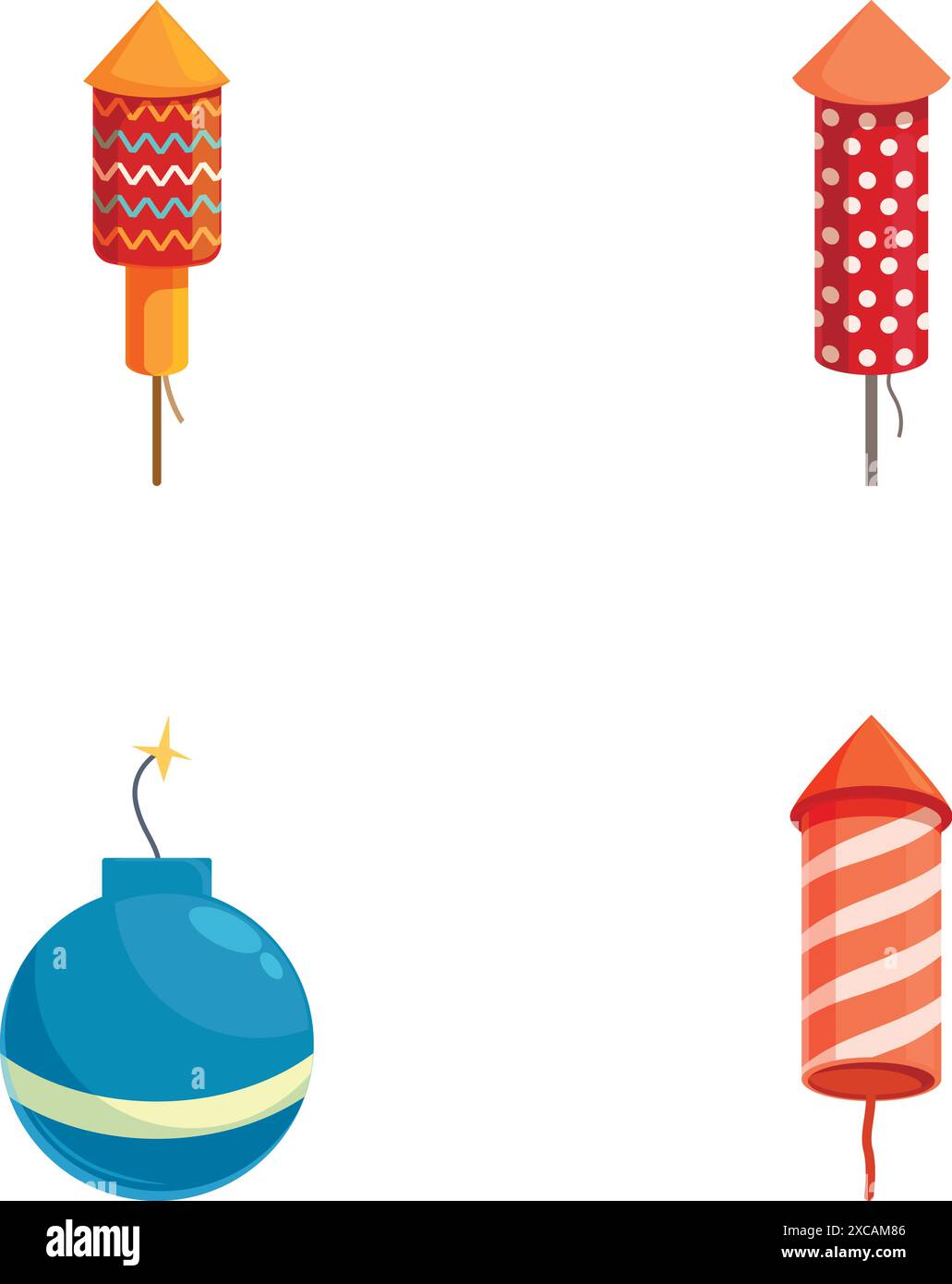 Collection of four festive cartoon firework rockets and a bomb isolated ...