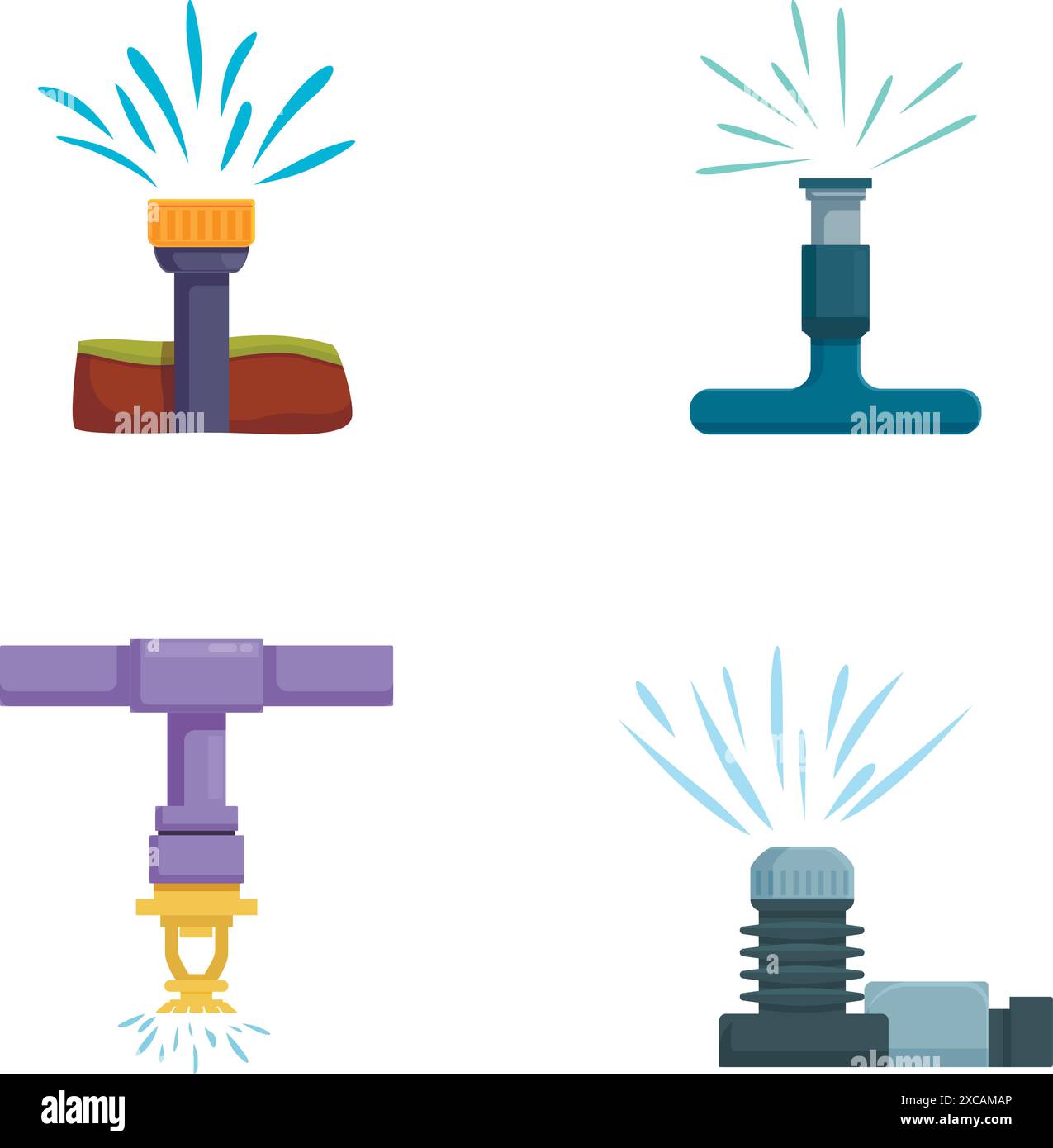 Collection of four flat design icons depicting various types of irrigation sprinklers Stock ...