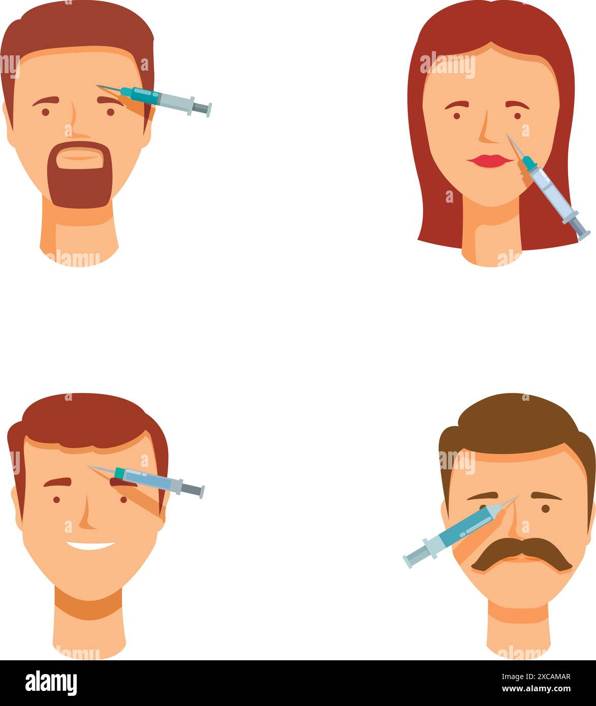 Collection of four illustrated faces with syringes stuck in their ...
