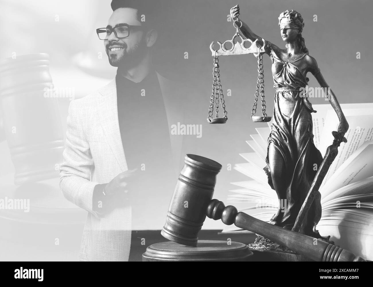 Double exposure of lawyer and Lady Justice figure with gavel Stock ...