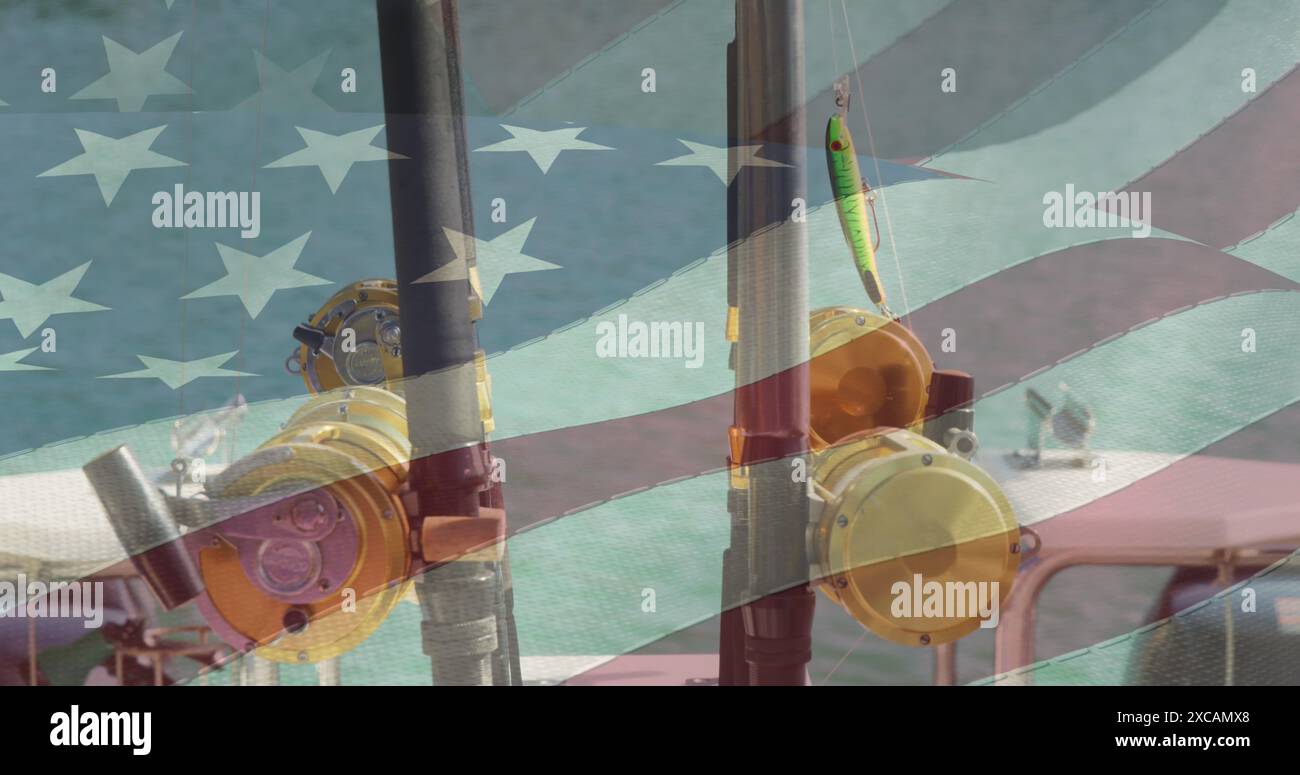 American flag waving against close up view of two fishing rod on a boat ...