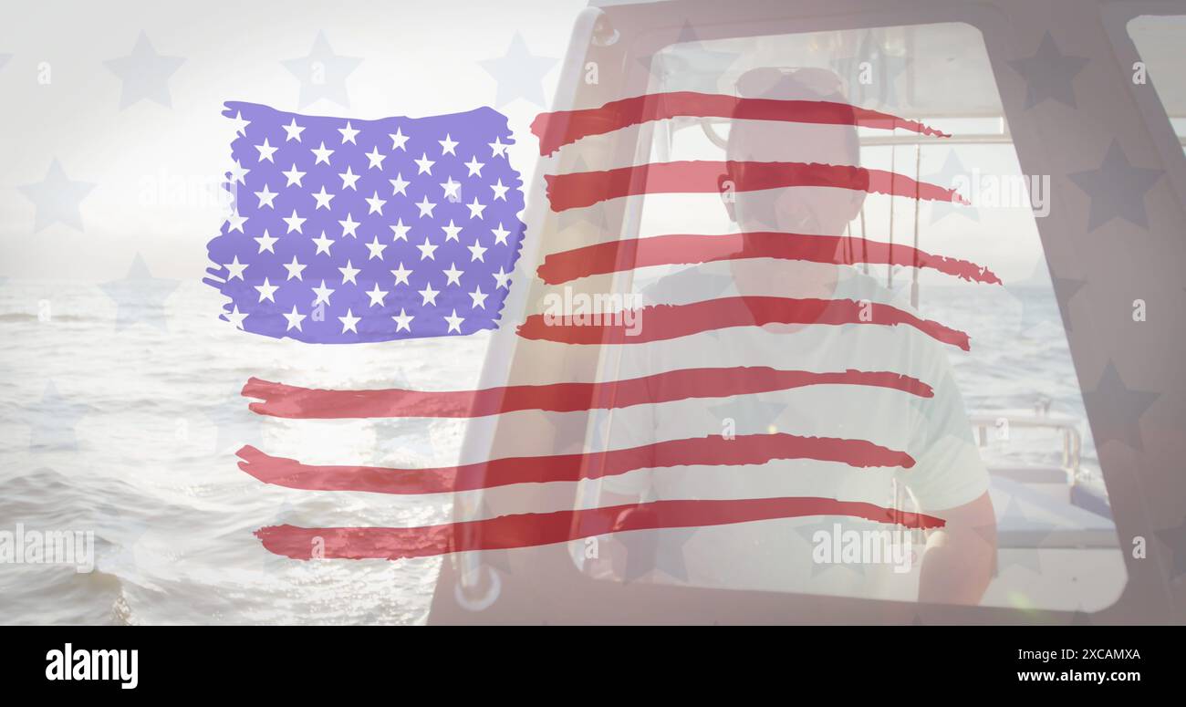 American flag design pattern against caucasian man sitting in a boat ...