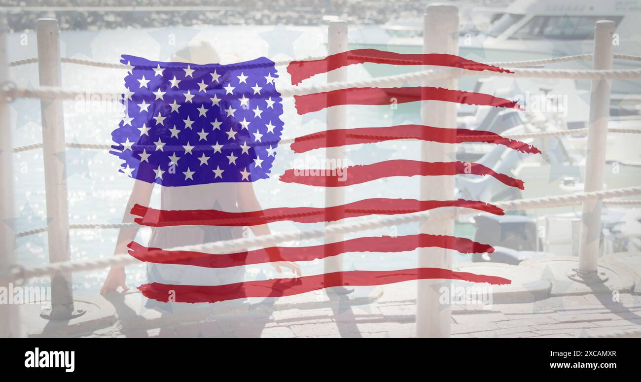 American flag design pattern against against rear view of woman sitting ...