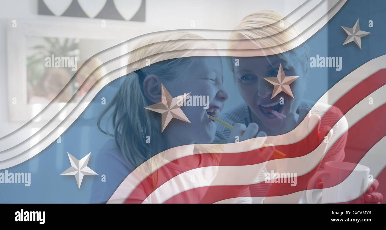 American flag design pattern against caucasian mother and daughter ...