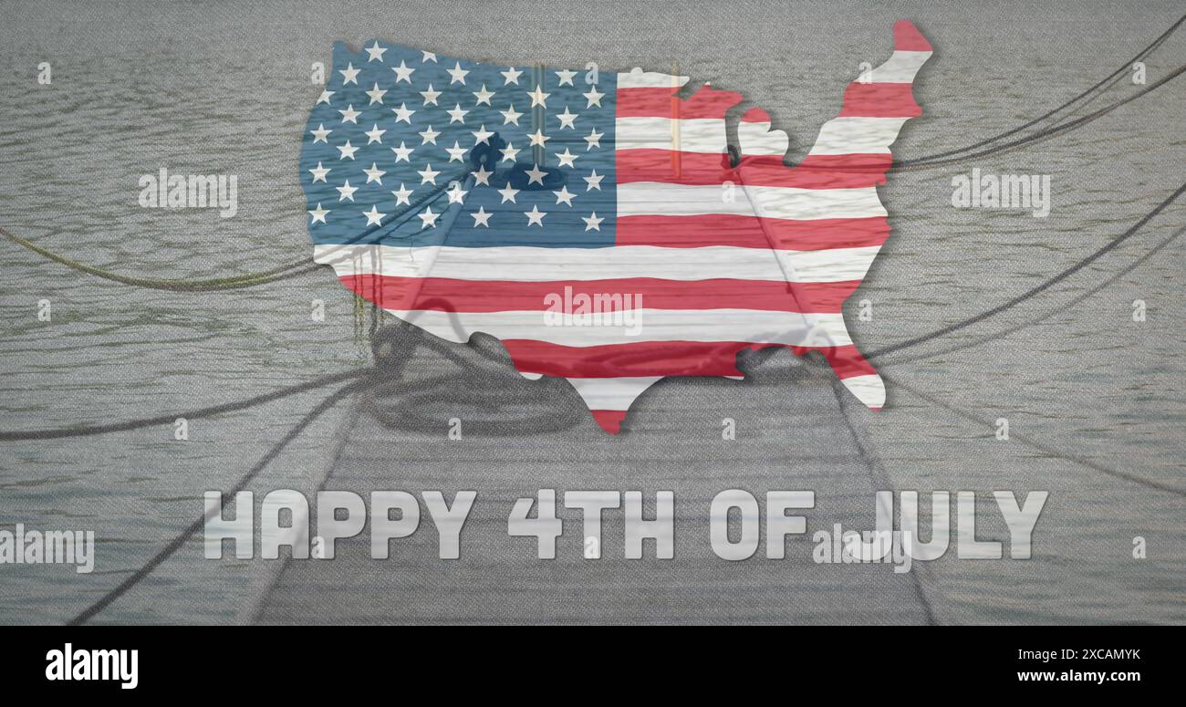 Independence text and american flag over us map against wooden pier in ...