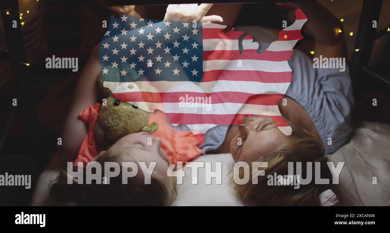 American flag over us map against caucasian mother and daughter lying ...