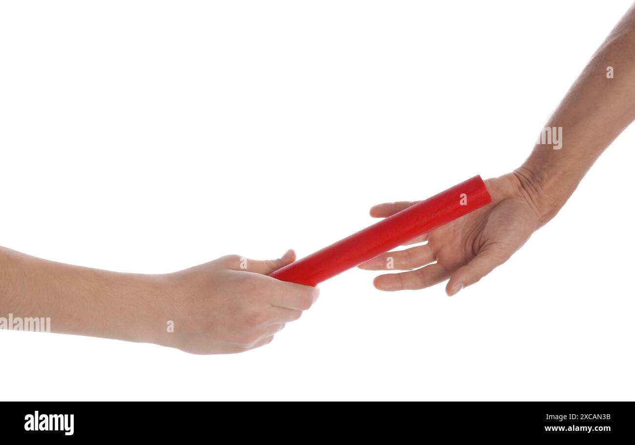 Man passing relay baton to teammate isolated on white, closeup Stock ...