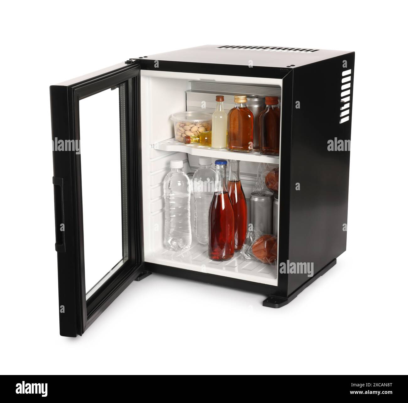 Mini refrigerator with drinks and snacks isolated on white Stock Photo ...