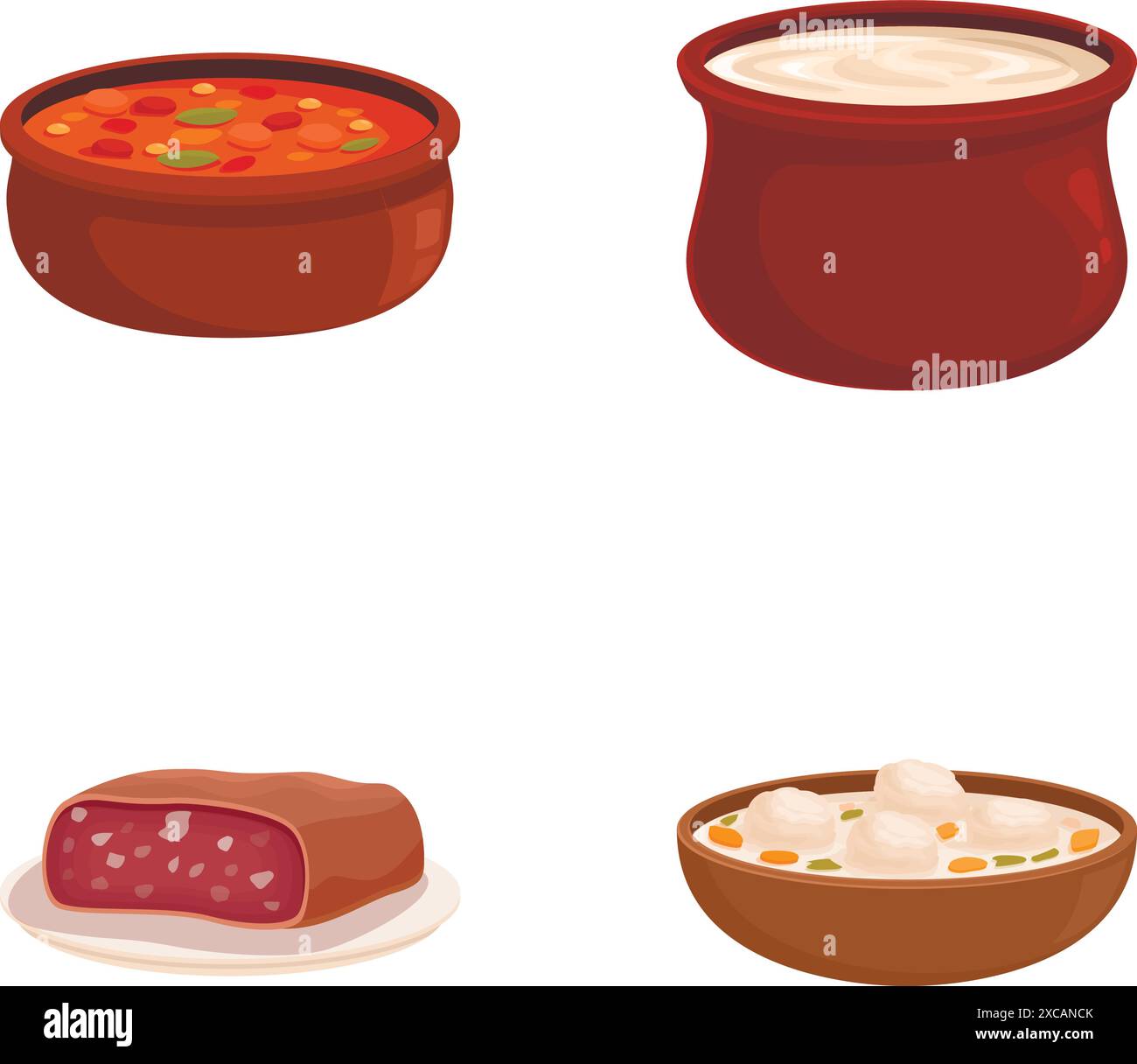Collection of four illustrated dishes including soup and stew in a ...
