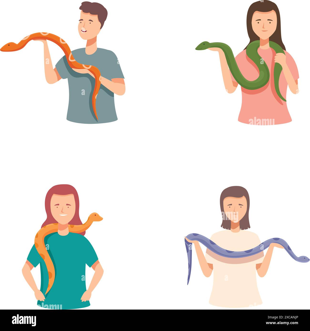 Set of diverse individuals holding friendly cartoon snakes with smiles ...