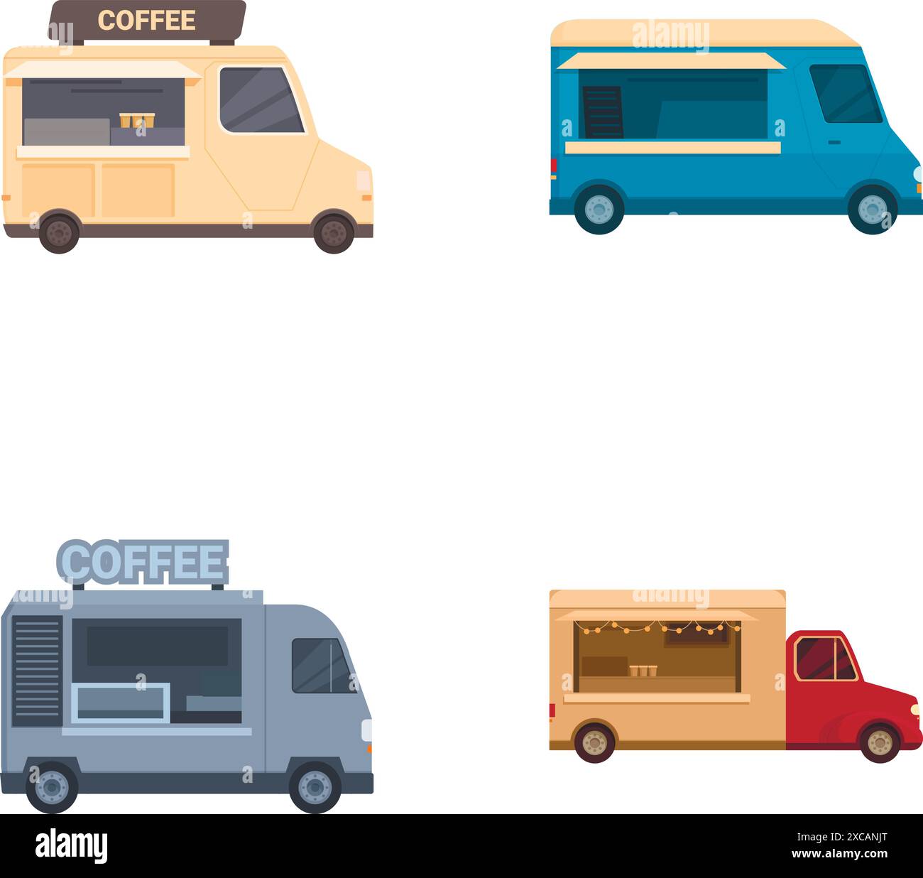 Set of four diverse styles of food trucks with coffee signage arranged ...