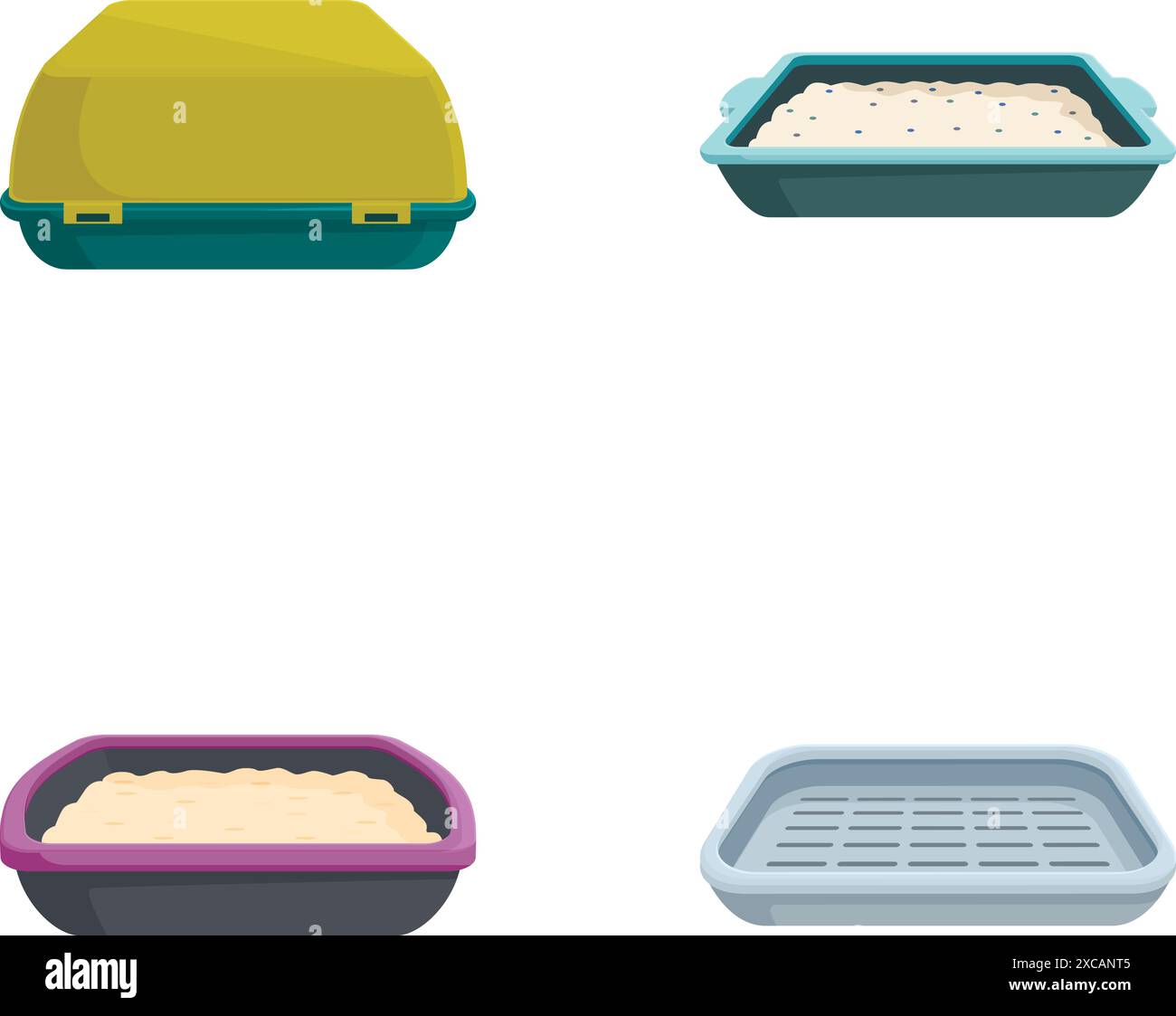 Four styles of cat litter boxes in various colors and designs, isolated ...