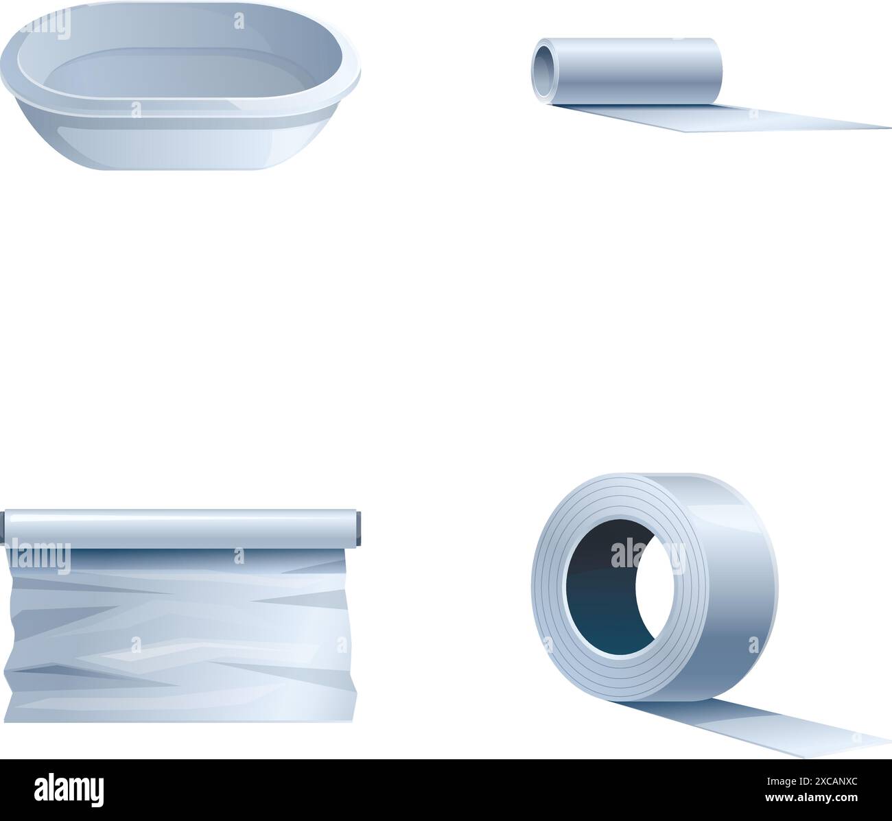 Vector set of four paper items including a plate, a roll, and folded ...