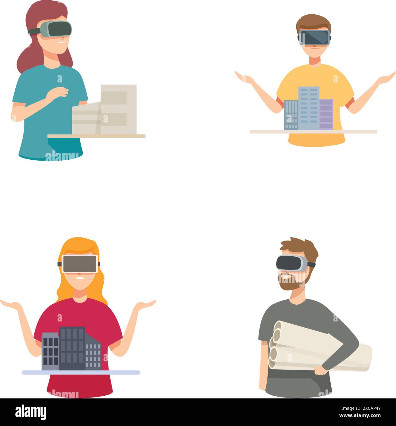 Illustration set of people using vr headsets for architectural design ...