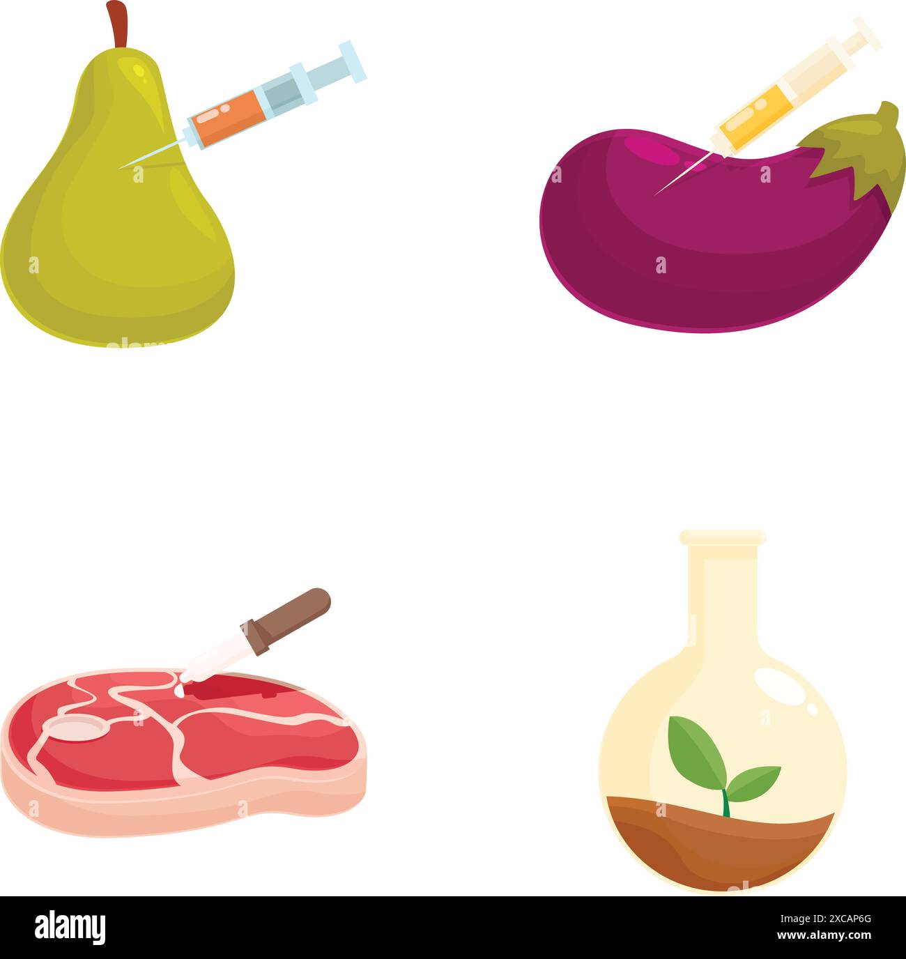 Four colorful illustrations depicting genetically modified foods including a pear, eggplant ...
