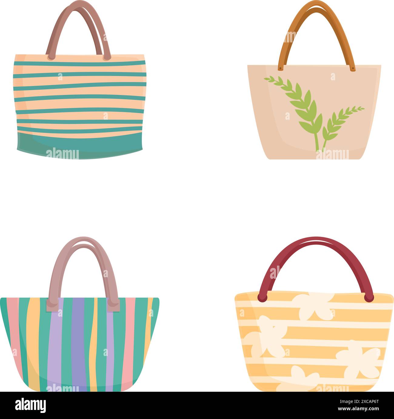 Collection of four trendy tote bags in various designs isolated on a ...