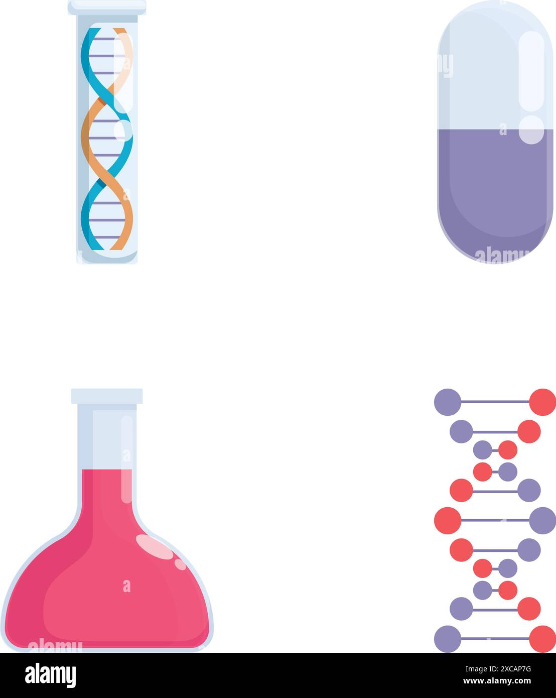 Set of four colorful vector icons depicting a dna helix, capsule pill ...