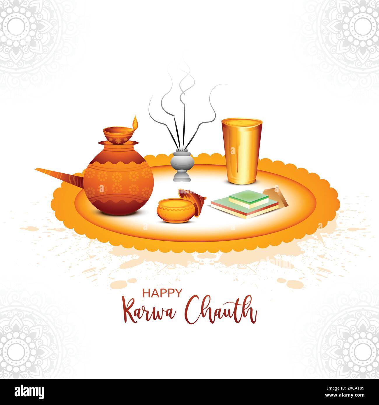 Happy karwa chauth with decorated puja thali of greeting card ...