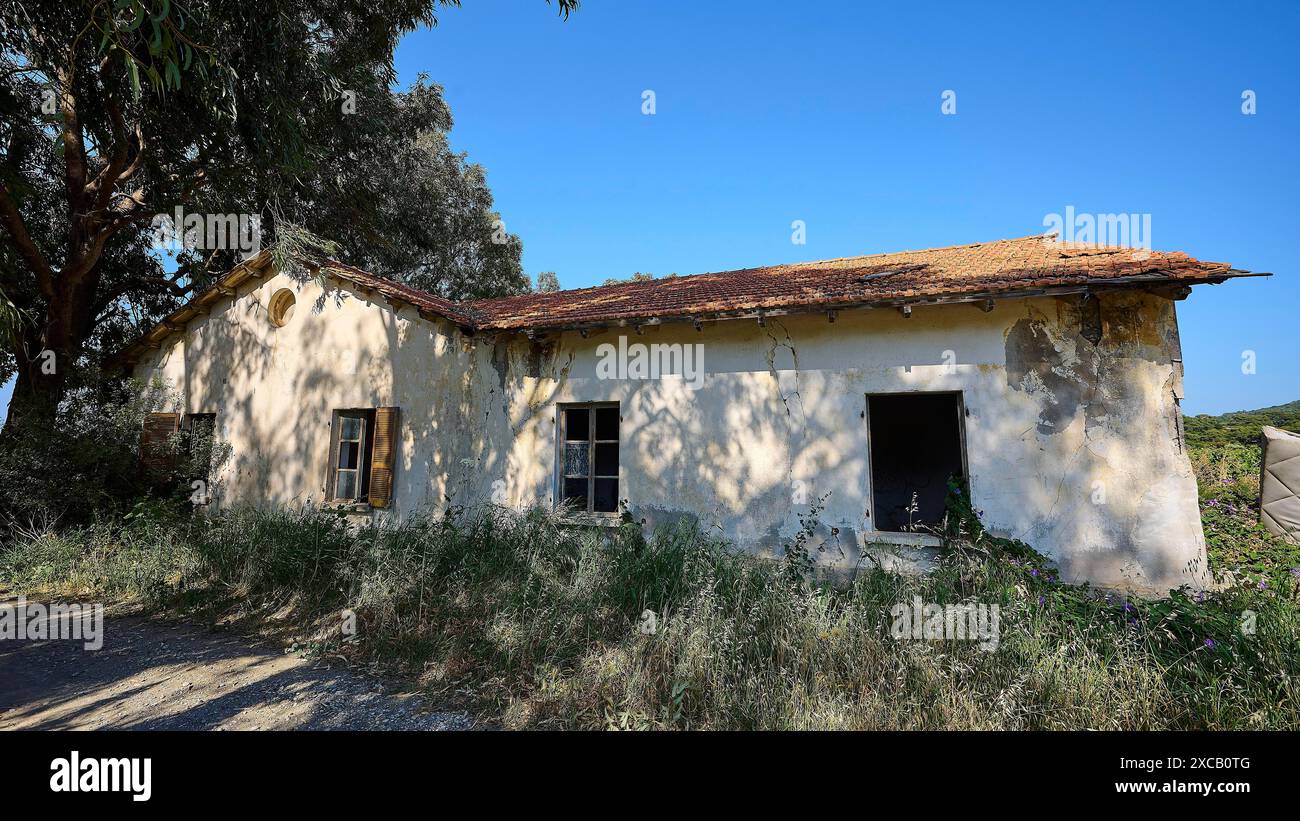 Abandoned house with crumbling walls and partially collapsed roof, surrounded by nature and with ...