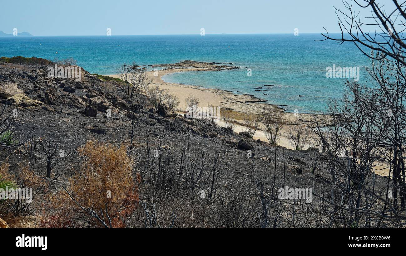 Burnt coastal landscape with a view of the beach and the turquoise blue ...