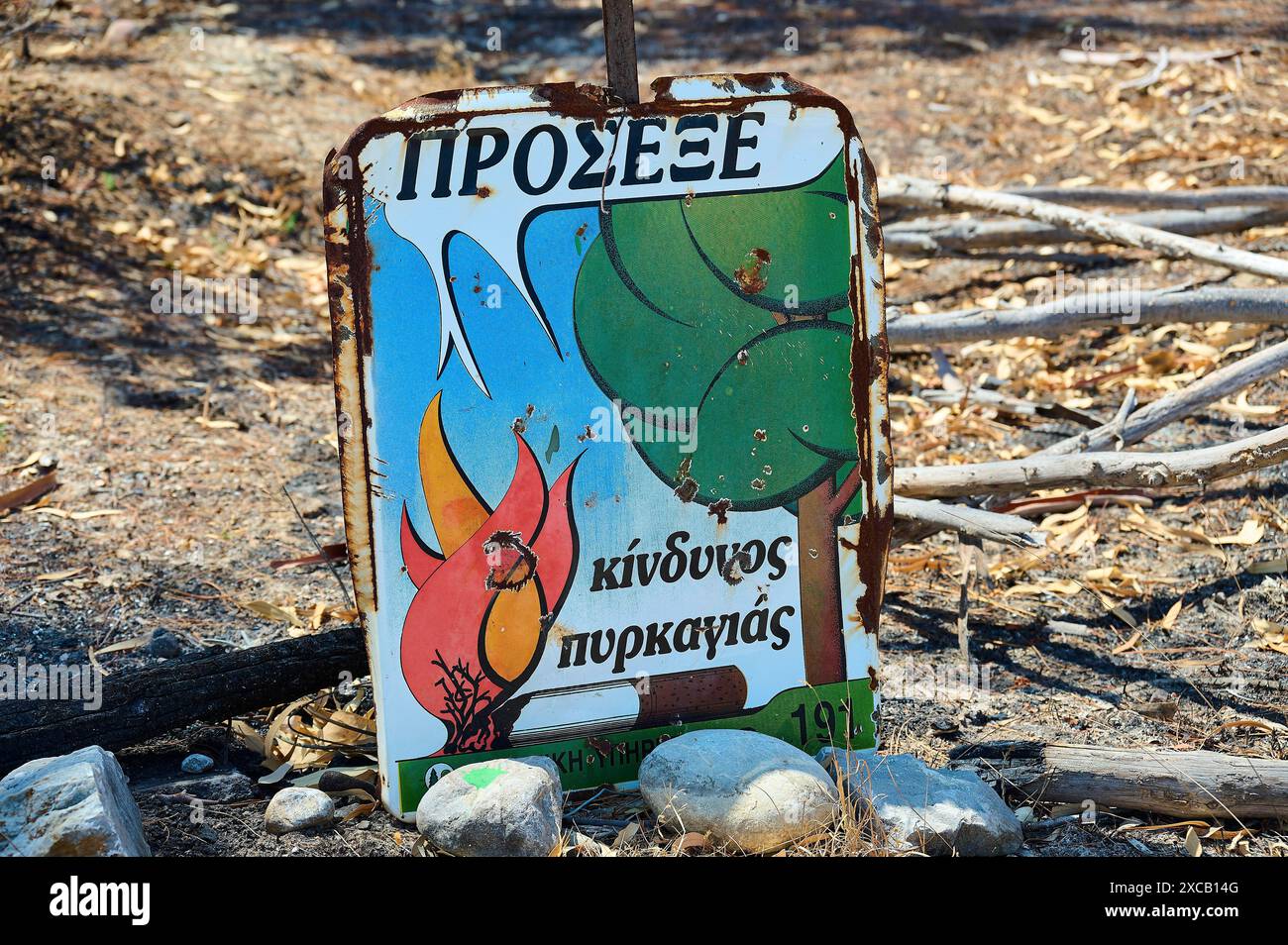 Faded warning sign about fire danger amidst burnt vegetation, forest ...