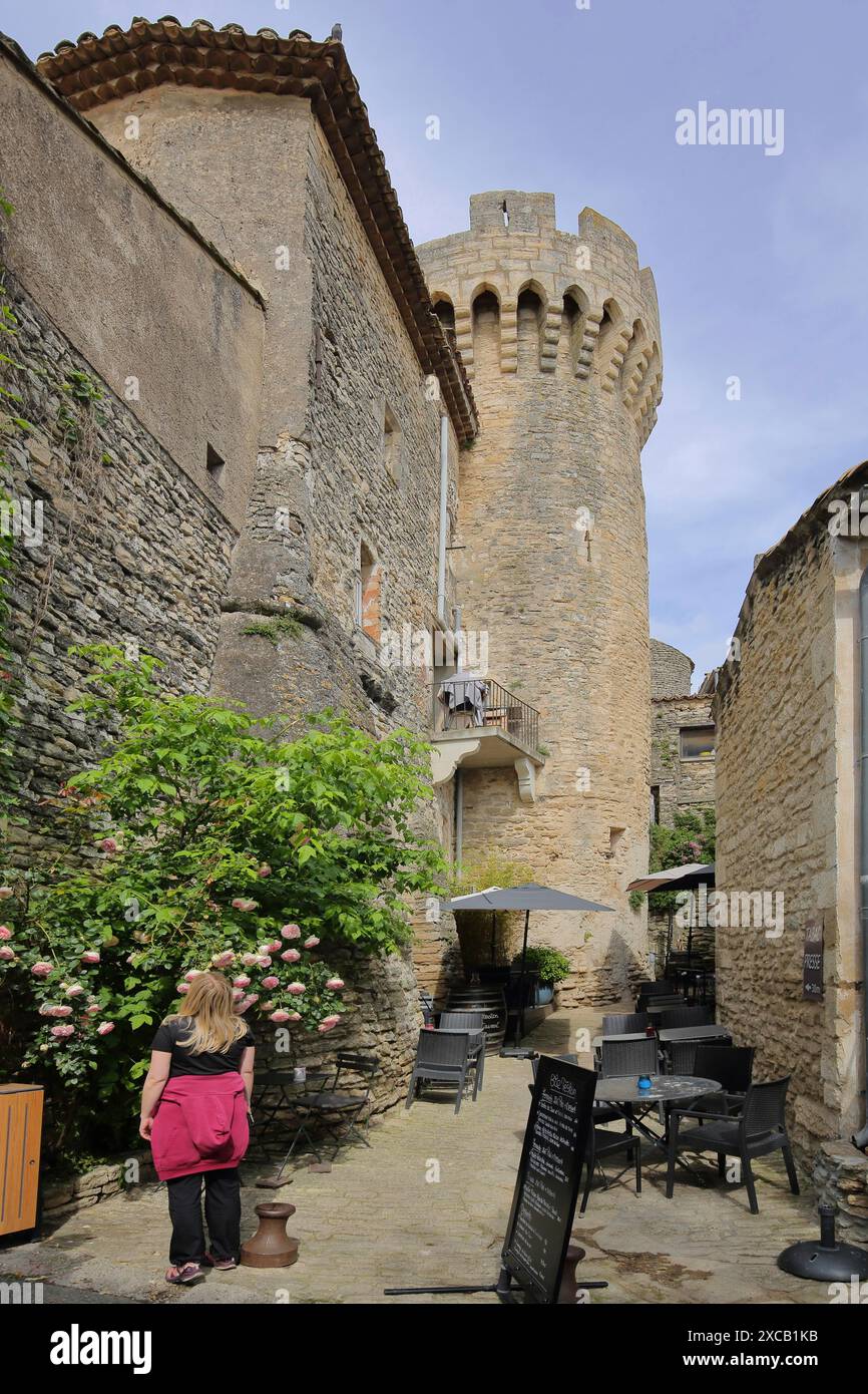 Narrow alley and tower of the chateau, castle, castle with historic ...