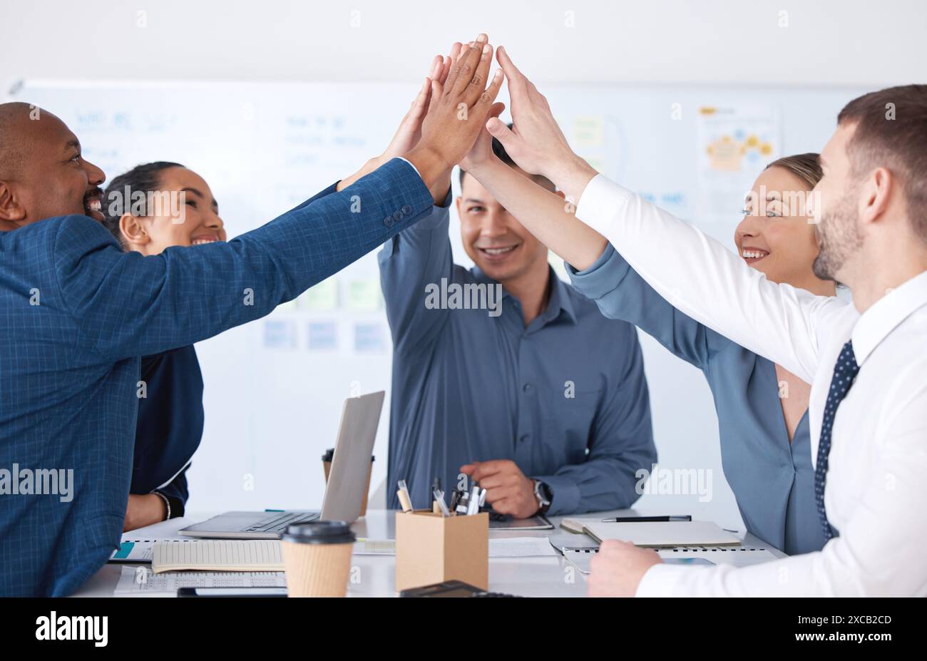 Business people, collaboration and group high five in office with celebrate for team achievement ...