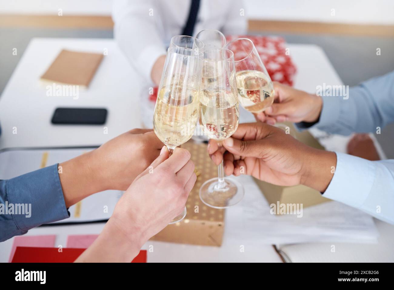 Christmas, hands and business people with toast in office with ...