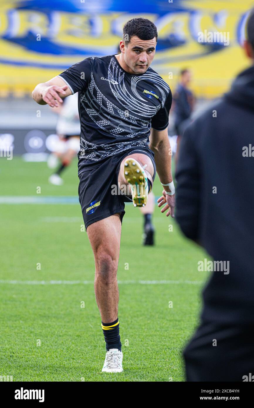 Wellington, New Zealand, 15 June, 2024. Josh Moorby of the Hurricanes ...