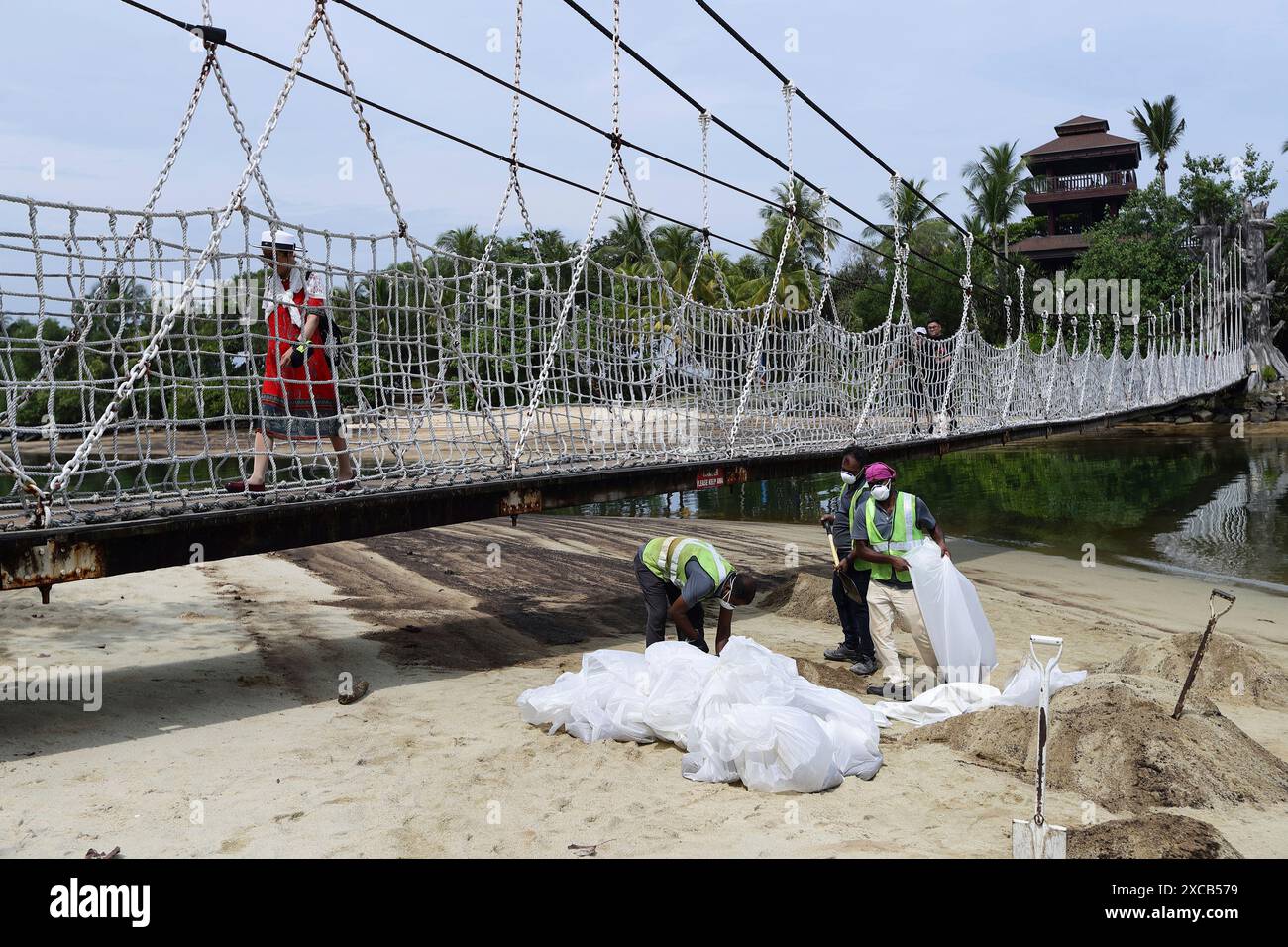Workers clean oil spill along Sentosa's Palawan Beach area in Singapore ...