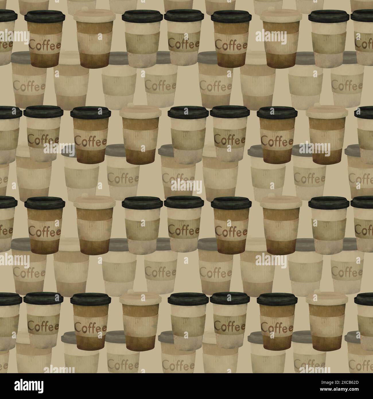 Digital art of coffee cups with lids in patterns. Neutral colors and ...