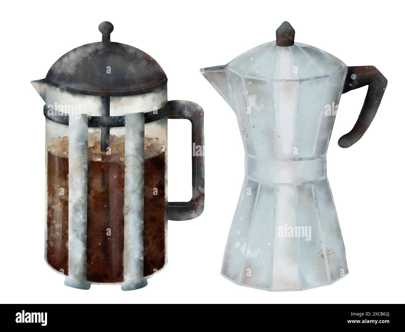 Two elegant illustrations of iconic coffee makers a French press and a ...