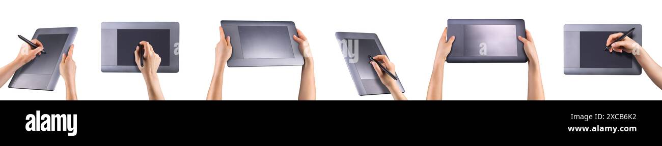 Hand holding digital graphic pen and drawing graphic tablet for ...