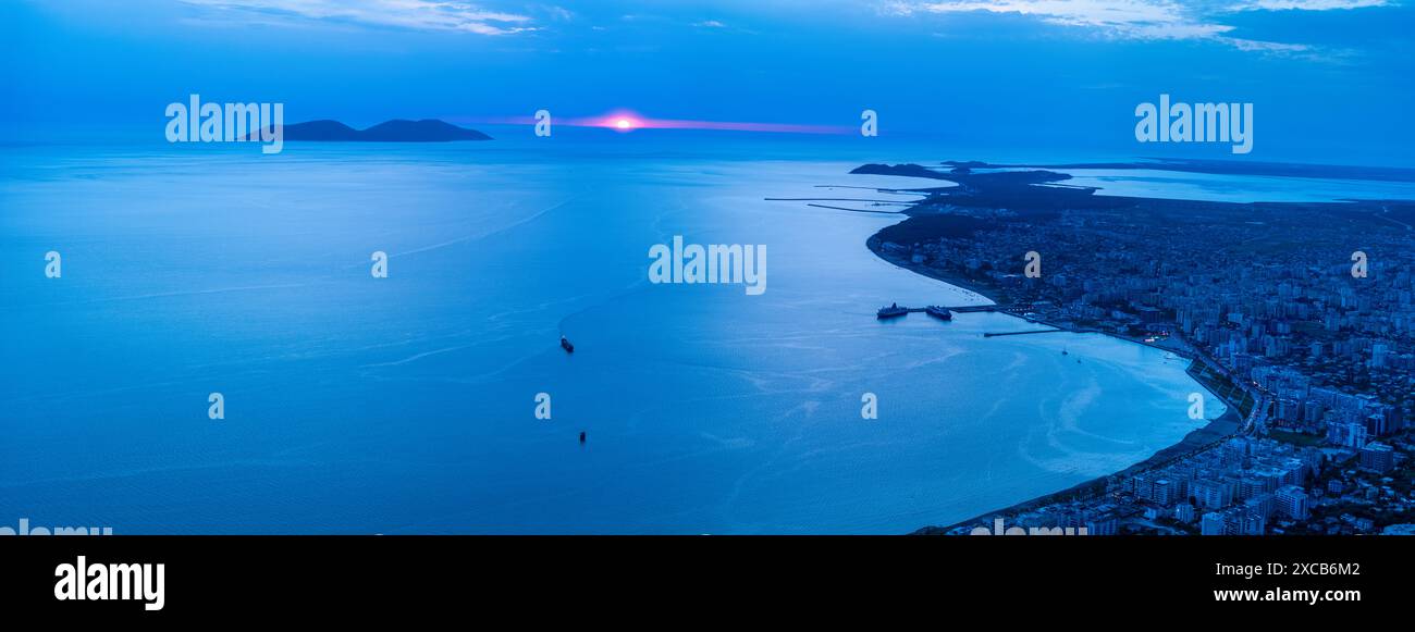 Aerial image of Vlora coastline in southern Albania at sunset time ...
