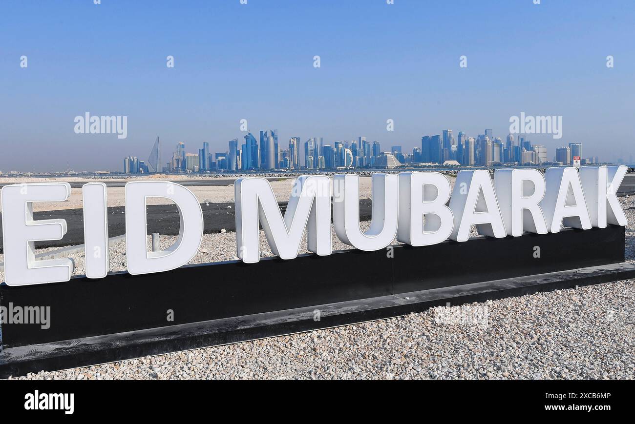 EID AL-ADHA PRAYER 2024 DOHA Eid Mubarak decorations are displayed at Old Doha Port as part of ...