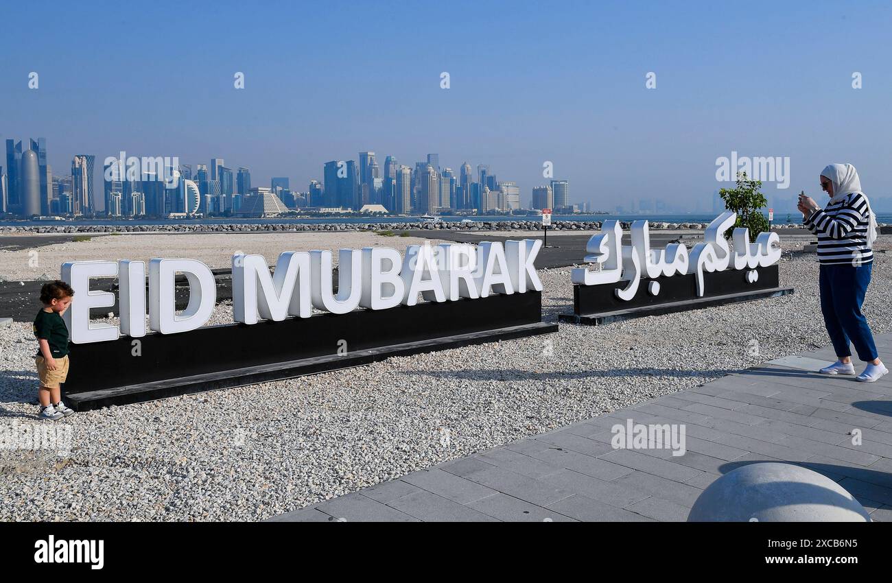 EID AL-ADHA PRAYER 2024 DOHA Eid Mubarak decorations are displayed at Old Doha Port as part of ...